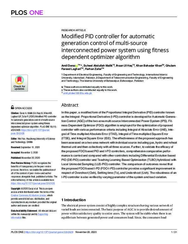Pdf Modified Pid Controller For Automatic Generation Control Of Multi Source Interconnected