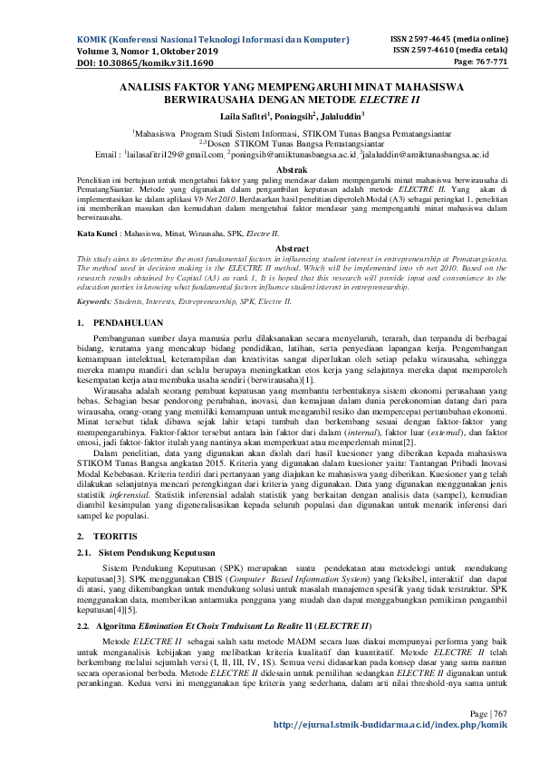 (PDF) Analisis Faktor Yang Mempengaruhi Minat Mahasiswa Berwirausaha Dengan Metode Electre II