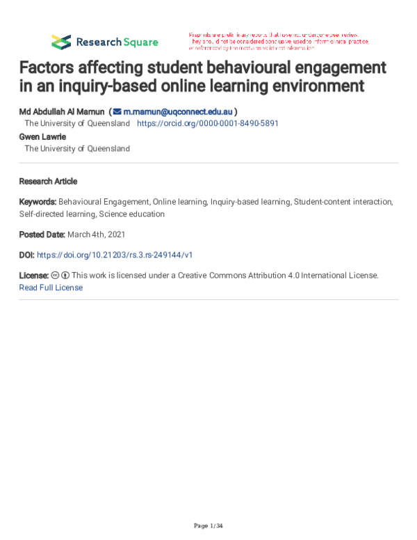 (PDF) Factors affecting student behavioural engagement in an inquiry-based online learning ...