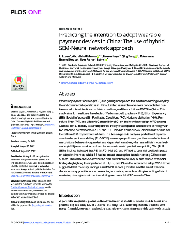 Pdf Predicting The Intention To Adopt Wearable Payment Devices In China The Use Of Hybrid Sem