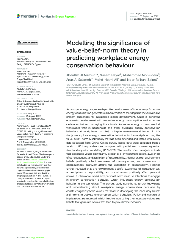 (PDF) Modelling the significance of value-belief-norm theory in predicting workplace energy ...