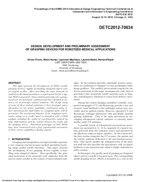 (PDF) Design, Development and Preliminary Assessment of Grasping Devices for Robotized Medical ...