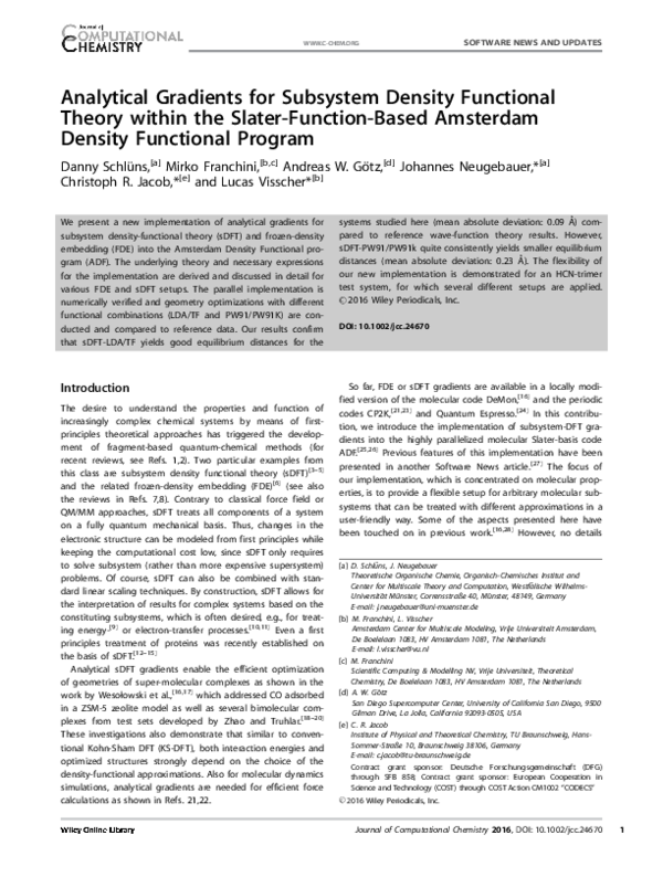 Pdf Analytical Gradients For Subsystem Density Functional Theory Within The Slater Function