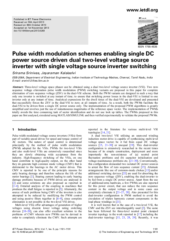 (PDF) Pulse width modulation schemes enabling single DC power source driven dual two‐level ...