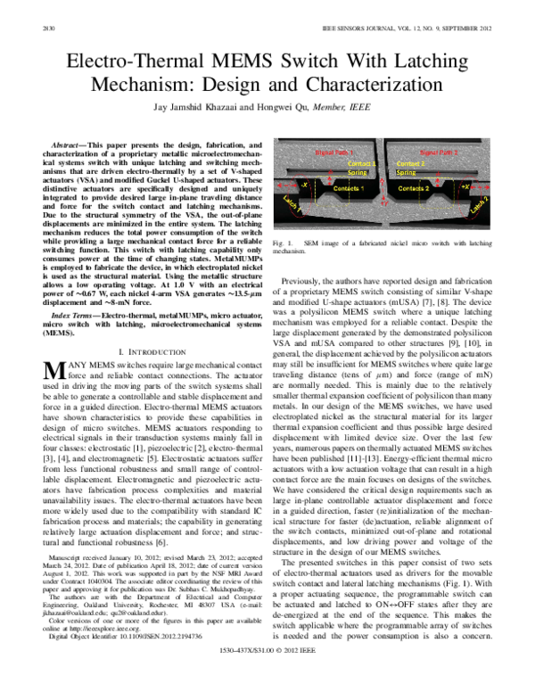 (PDF) Electro-Thermal MEMS Switch With Latching Mechanism: Design and Characterization