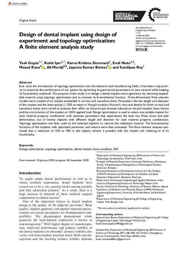 (PDF) Design of dental implant using design of experiment and topology optimization: A finite ...