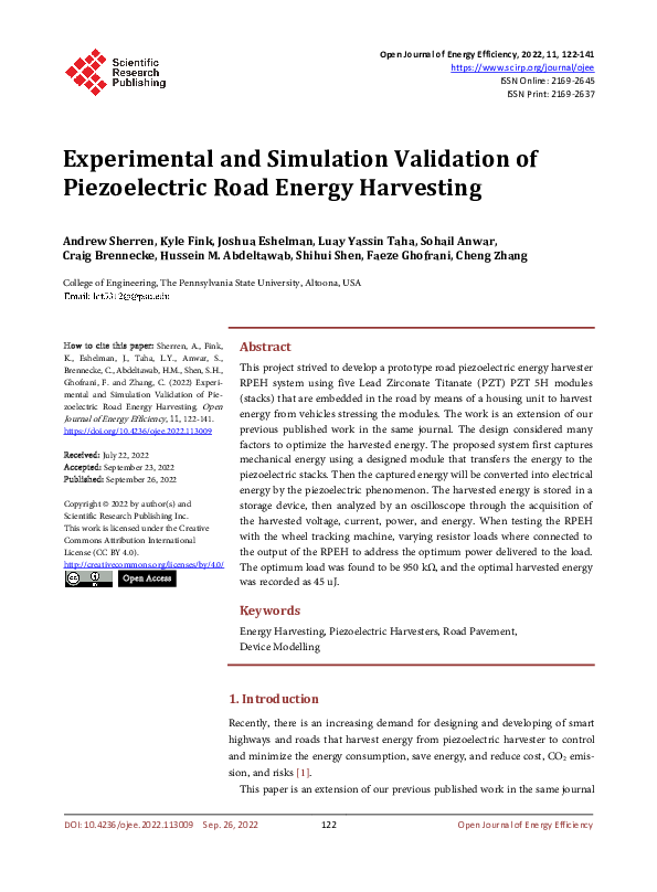 (PDF) Experimental and Simulation Validation of Piezoelectric Road Energy Harvesting