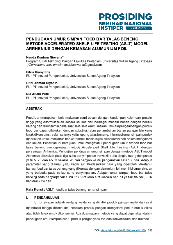 (PDF) Pendugaan Umur Simpan Food Bar Talas Beneng Metode Accelerated ...
