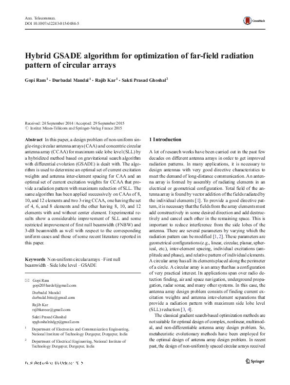 Pdf Hybrid Gsade Algorithm For Optimization Of Far Field Radiation Pattern Of Circular Arrays 