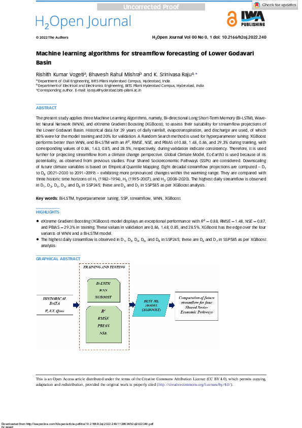 Pdf Machine Learning Algorithms For Streamflow Forecasting Of Lower Godavari Basin
