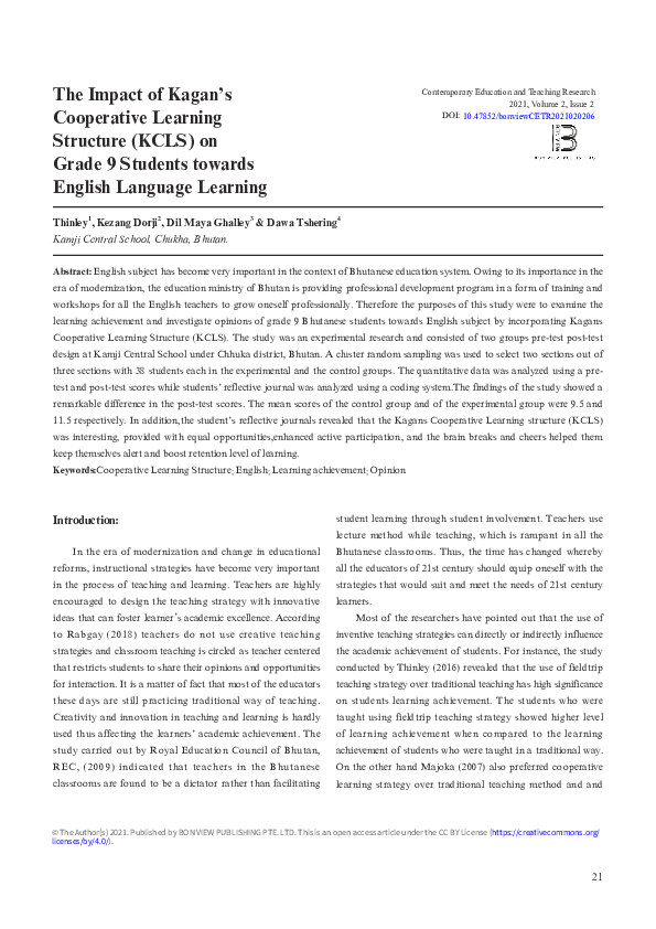 (PDF) The Impact of Kagan’s Cooperative Learning Structure (KCLS) on ...