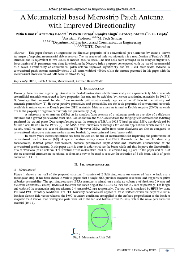 (PDF) A Metamaterial based Microstrip Patch Antenna with Improved Directionality