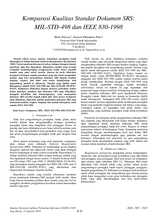 (PDF) Komparasi Kualitas Standar Dokumen SRS: MIL-STD-498 dan IEEE 830-1998