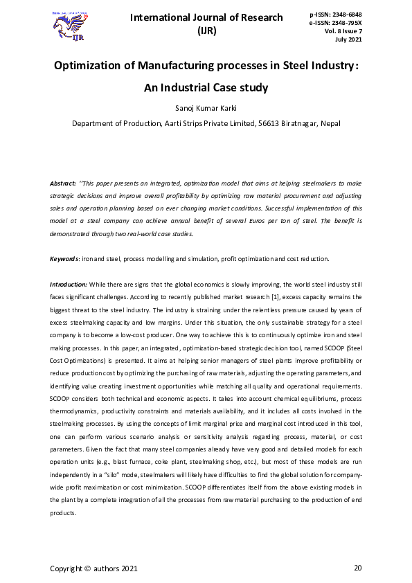 (PDF) Optimization of Manufacturing Processes in Steel Industry: An ...
