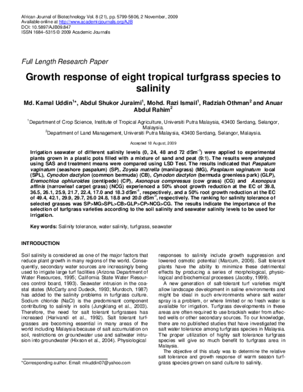(PDF) Growth response of eight tropical turfgrass species to salinity