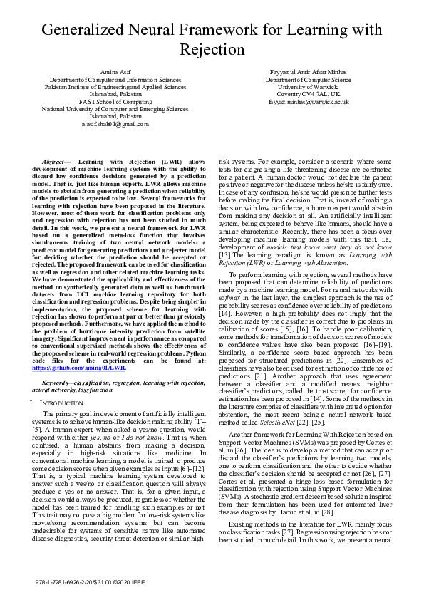 (PDF) Generalized Neural Framework for Learning with Rejection