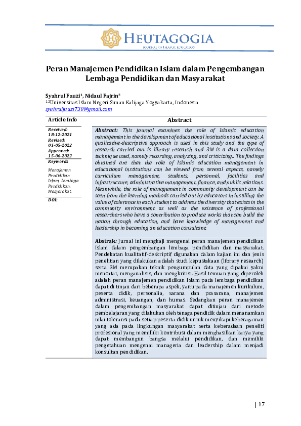 (PDF) Peran Manajemen Pendidikan Islam dalam Pengembangan Lembaga ... (PDF) Peran Manajemen Pendidikan Islam dalam Pengembangan Lembaga ...