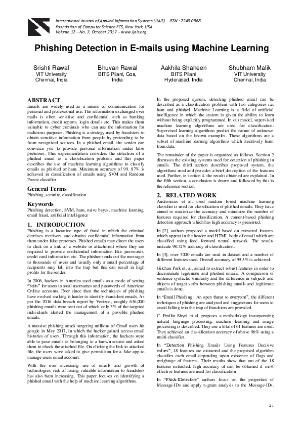 (PDF) Phishing Detection in E-mails using Machine Learning | Shubham Malik - Academia.edu