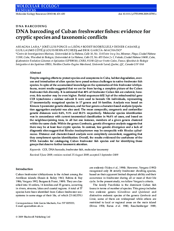(PDF) DNA BARCODING DNAbarcoding of Cuban freshwater fishes: evidence for cryptic species and ...