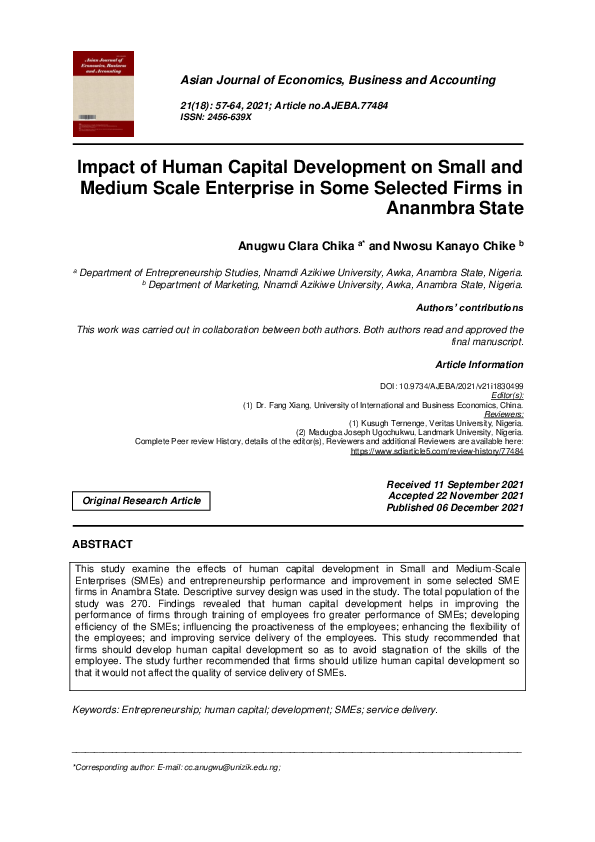 (PDF) Impact of Human Capital Development on Small and Medium Scale Enterprise in Some Selected ...