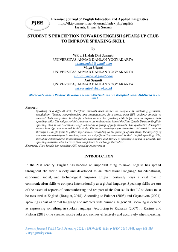(PDF) The Student's Perception Towards English Speaks Up Club to Improve Speaking Skill