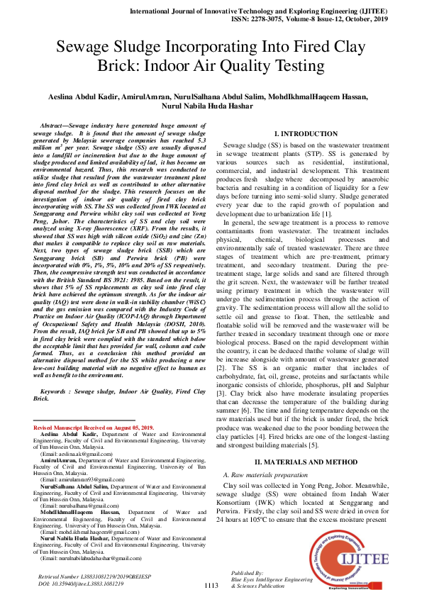 (PDF) Sewage Sludge Incorporating Into Fired Clay Brick: Indoor Air ...