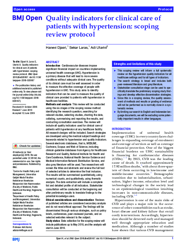 Pdf Quality Indicators For Clinical Care Of Patients With Hypertension Scoping Review Protocol