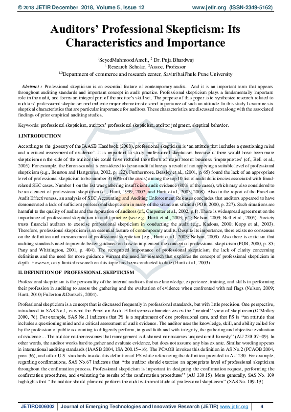 (PDF) Auditors’ Professional Skepticism: Its Characteristics and Importance