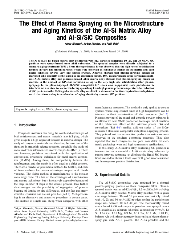 (PDF) The Effect of Plasma Spraying on the Microstructure and Aging Kinetics of the Al-Si Matrix ...