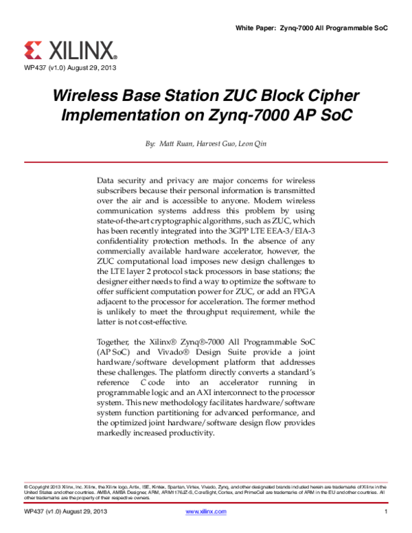 (PDF) Wireless Base Station ZUC Block Cipher Implementation on Zynq ...