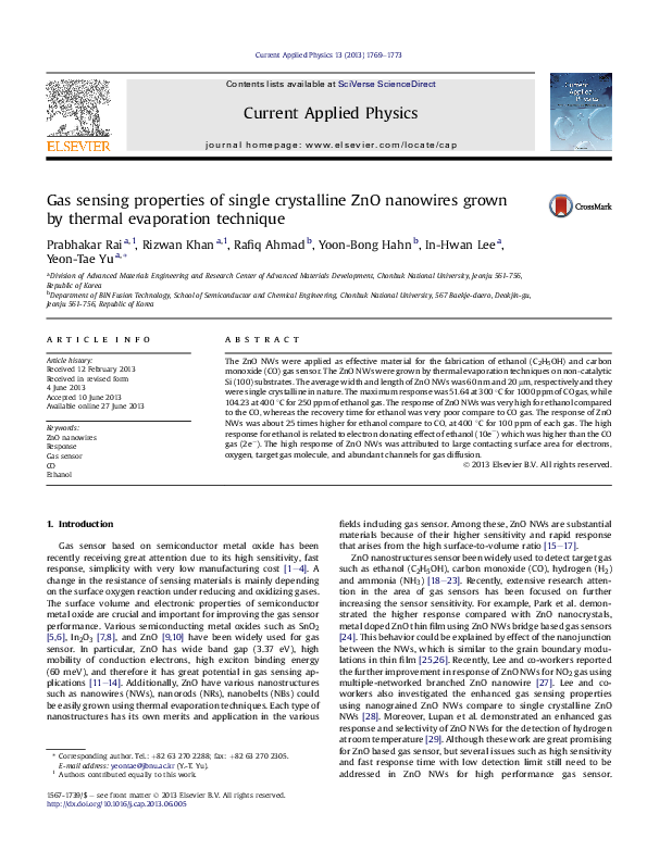 (PDF) Gas sensing properties of single crystalline ZnO nanowires grown ...