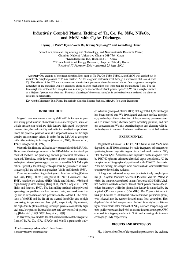 (PDF) Inductively coupled plasma etching of Ta, Co, Fe, NiFe, NiFeCo, and MnNi with Cl2/Ar ...
