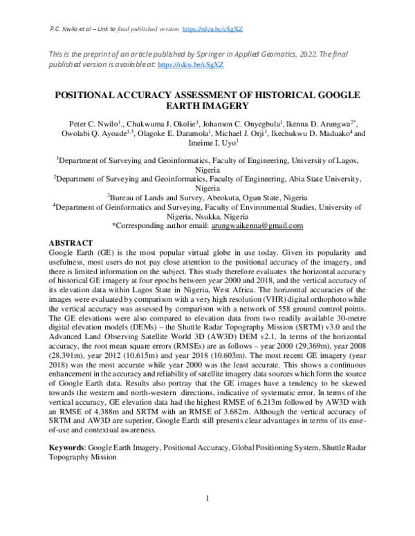 (PDF) Positional accuracy assessment of historical Google Earth imagery in Lagos State, Nigeria