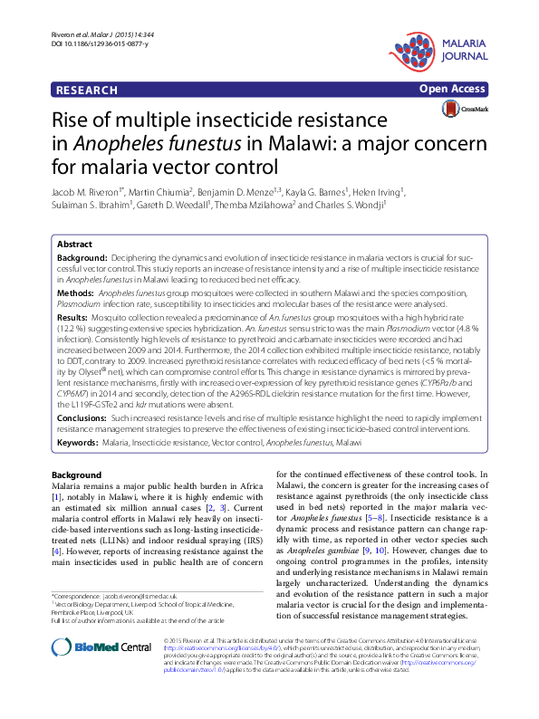 (PDF) Rise of multiple insecticide resistance in Anopheles funestus in ...