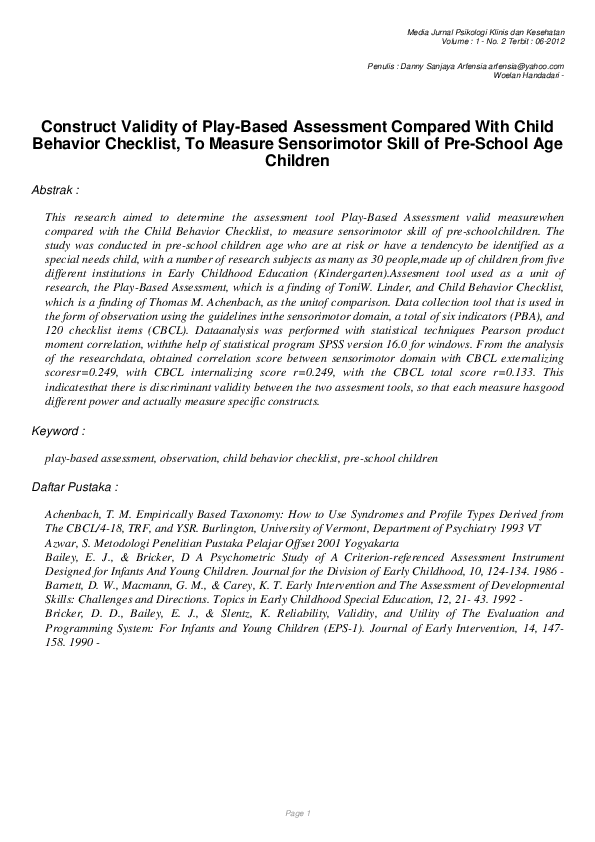 (PDF) Construct Validity of Play-Based Assessment Compared With Child Behavior Checklist, To ...