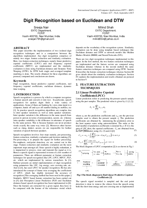 (PDF) Digit Recognition based on Euclidean and DTW