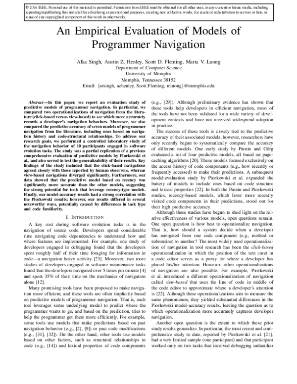 (PDF) An Empirical Evaluation of Models of Programmer Navigation