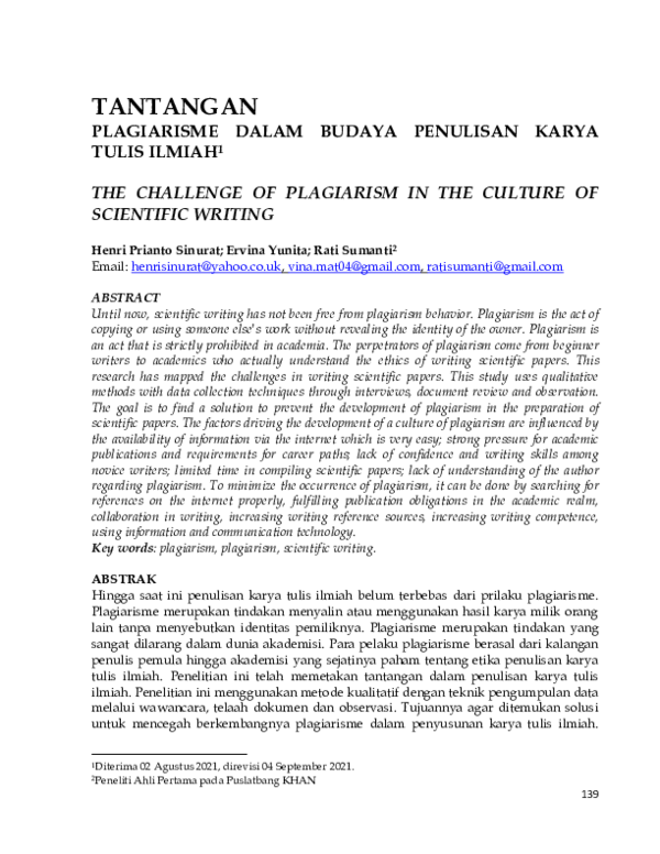 (PDF) Tantangan Plagiarisme Dalam Budaya Penulisan Karya Tulis Ilmiah