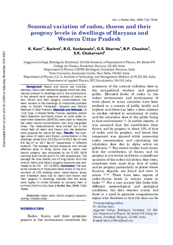(PDF) Seasonal variation of radon, thoron and their progeny levels in ...