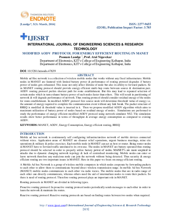 (PDF) Technology Modified Aodv Protocol for Energy Efficient Routing in Manet