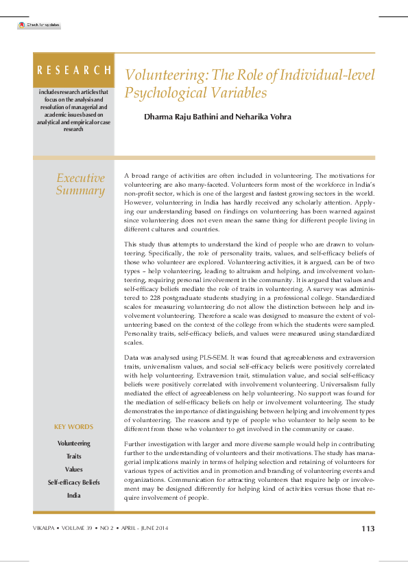 (PDF) Volunteering: The Role of Individual-level Psychological Variables