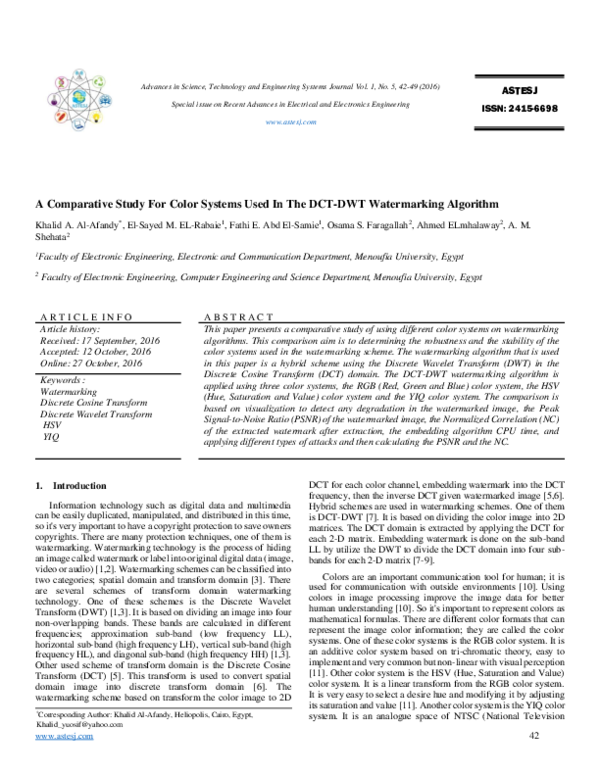 (PDF) A Comparative Study For Color Systems Used In The DCT-DWT Watermarking Algorithm