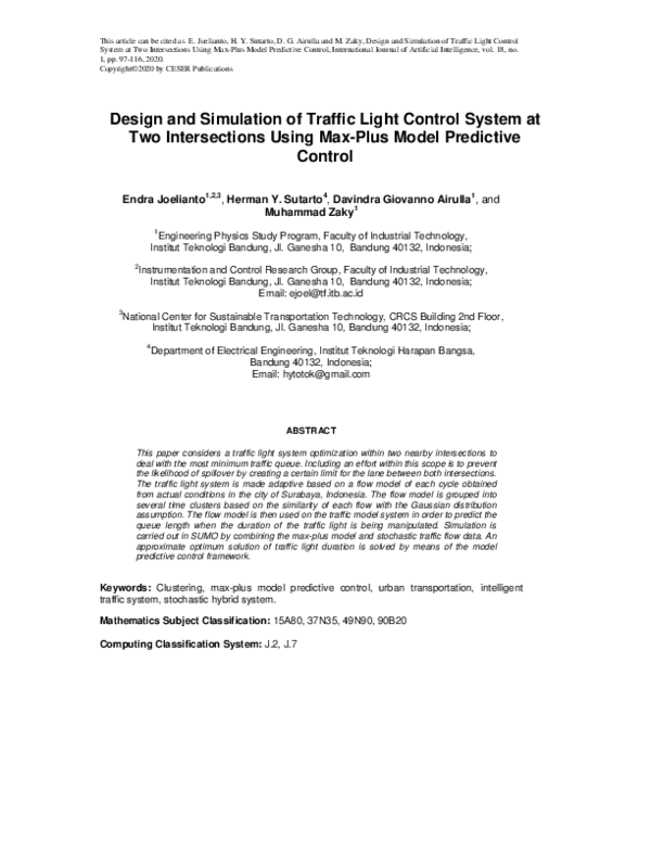 Pdf Design And Simulation Of Traffic Light Control System At Two Intersections Using Max Plus