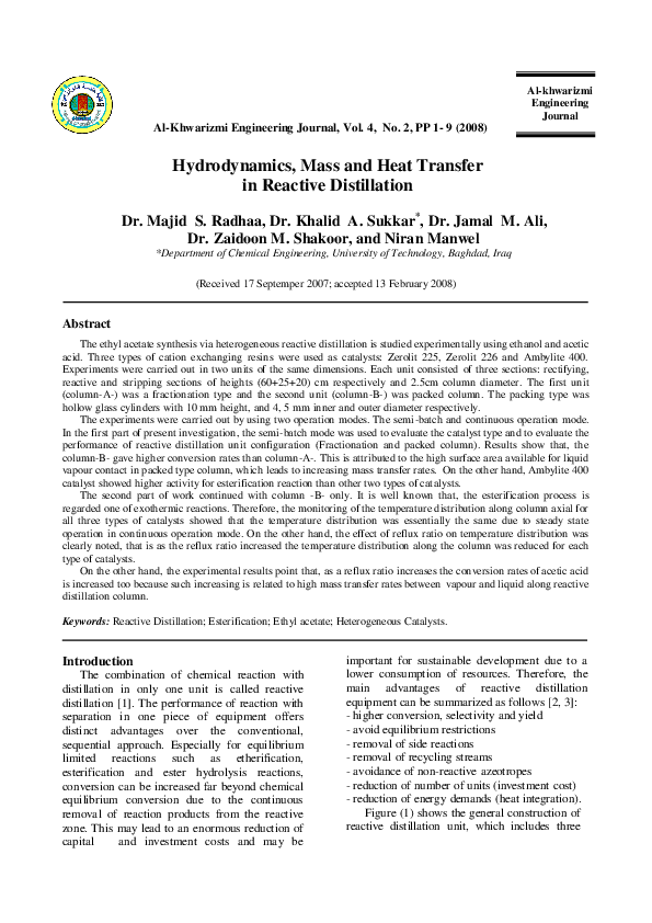 (PDF) Hydrodynamics, Mass and Heat Transferin Reactive Distillation (PDF) Hydrodynamics, Mass and Heat Transferin Reactive Distillation