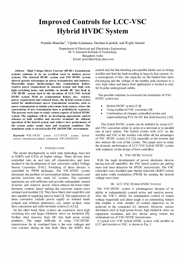 (PDF) Improved controls for LCC-VSC hybrid HVDC system