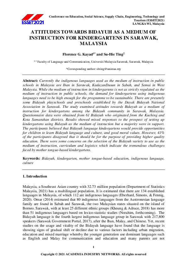 (PDF) Attitudes Towards Bidayuh as a Medium of Instruction for ...