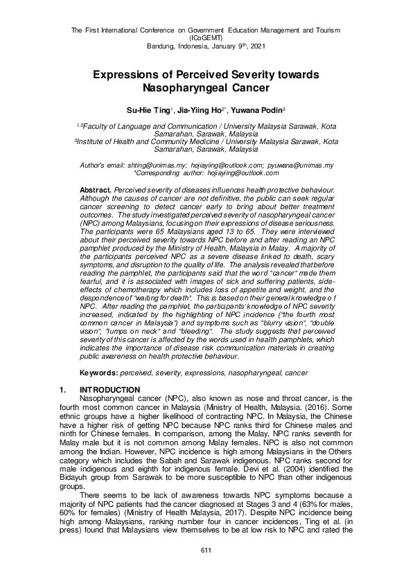 (PDF) Expressions of Perceived Severity towards Nasopharyngeal Cancer