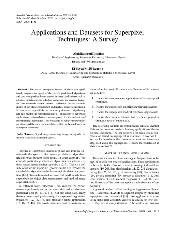 (PDF) Applications and Datasets for Superpixel Techniques A Survey