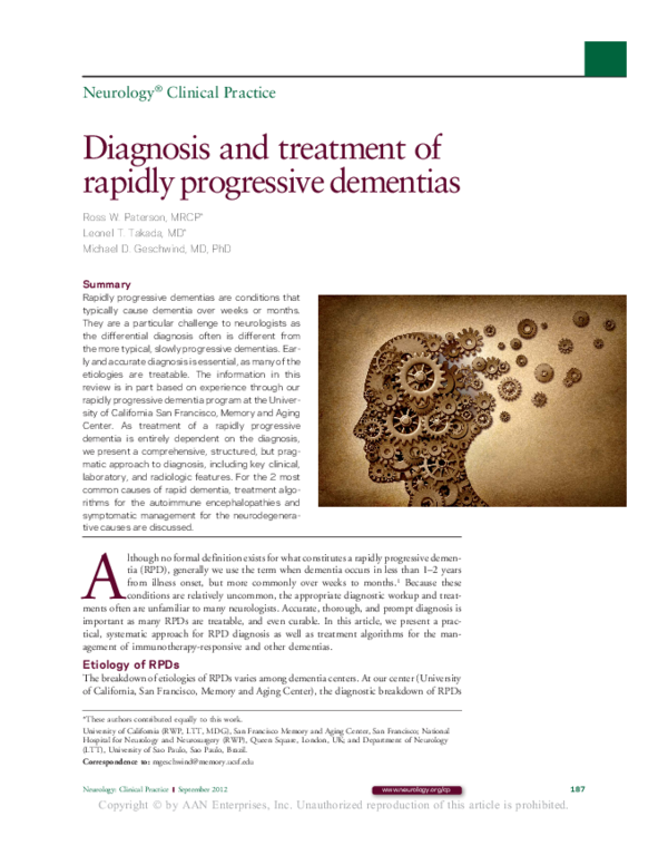 (PDF) Diagnosis and treatment of rapidly progressive dementias