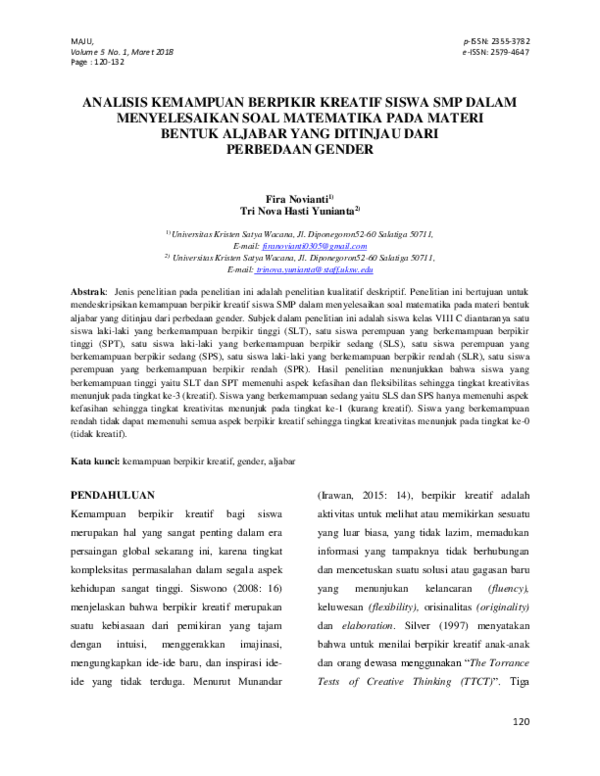 (PDF) Analisis Kemampuan Berpikir Kreatif Siswa SMP Dalam Menyelesaikan Soal Matematika Pada ...